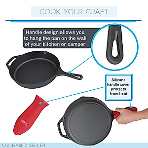 Lot45 Cast Iron Skillet with Silicone Handle Cover - 10in Cooking Round Cookware Frying Pan for Camping with Pot Holder