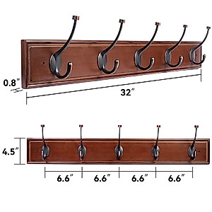 poemland 32" Wall Mount Extra Large Wood Coat Hooks with Heavy Duty Metal Hardware for Hanging Coat,Clothes,Jacket,Hats (Walnut)