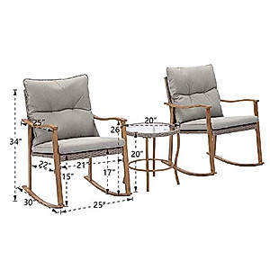 AQUILLA 3 Pieces Rocking Chairs Table, 350lb Capacity Outdoor Patio Furniture Set Woodgrain w Grey Cushions and Round Glass Top Desk for Garden, Porch, Backyard