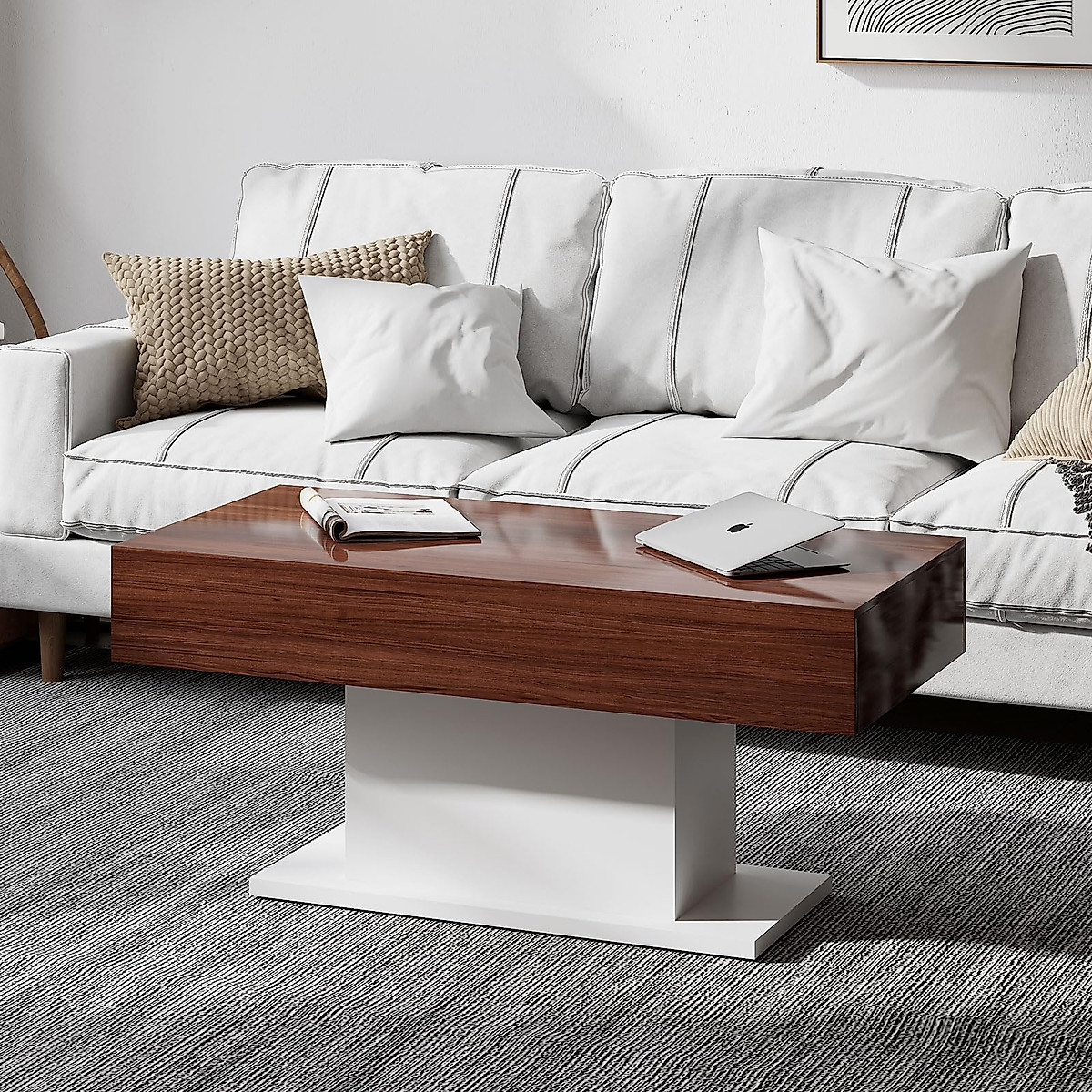 LED Coffee Table for Living Room, Modern High Glossy Coffee Table with 16 Colors LED Lights, Smart Cocktail Table Rectangle, Wooden Living Room Table (Natural)