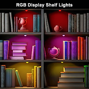 4 Pack RGB Shelf Lights, Wired Display Lights with Memory Function, Plug-in Bookshelf Lighting, Color Changing Under Shelf Lighting, RGB Puck Lights for Shelf/Cabinet/Display Case, Button Control
