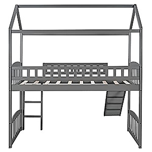 Harper & Bright Designs Twin Loft Bed with Slide, Solid Wood House Loft Bed with Ladder, Playhouse Bed for Kids Girls Boys (Gray)