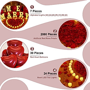 Homemory Marry Me Light Up Letters Proposal Decorations, Marry Me Sign with 24Pcs Flameless Candles 2000Pcs Red Fake Rose Petals 30Pcs Red Balloons for Valentine's Day Wedding Proposal Romantic Night