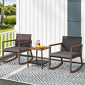 Tangkula 3 Pieces Rocking Bistro Set, Outdoor Rocker Chair with Coffee Table & Cushions, Patio Rattan Furniture Conversation Set for Balcony Porch Poolside (Gray)