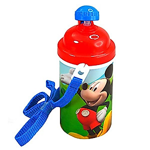 Zak Designs Disney Mickey Mouse One Touch Button Water Bottles with Reusable Built in Straw, Carrying Strap - Safe Approved BPA Free, Easy to Clean, for Kids Girls Boys, Goodies Home Travel