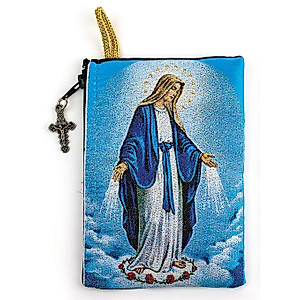 Catholic Rosary Pouch, Our Lady of Grace & Miraculous Medal Symbol, 4" x 6" Jewelry & Coin Purse with Cross, Small Woven Tapestry Icon Bag, Bolsa de Rosario Católico para Joyería