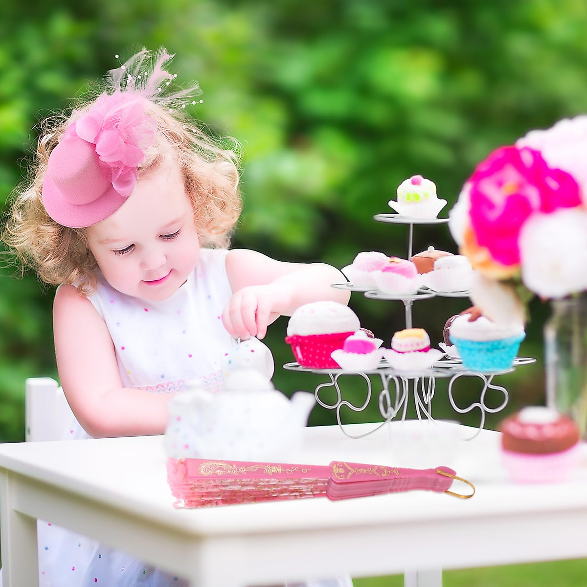 Auidy 6TXD Tea Party Supplies, 6 Pieces Girls Party Headwear and Accessories, Includes Folding Hand Fans, Clip on Hats, Satin and Lace Gloves, Rose Pink