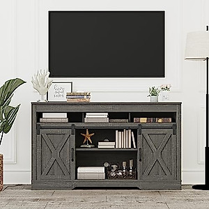 windaze Farmhouse 65 inch TV Stand, Entertainment Center with Sliding Barn Doors, Dark Grey