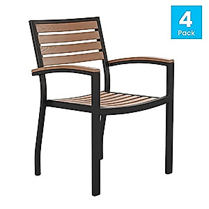 Flash Furniture Stackable Aluminum Patio Chair - All-Weather Black Framed Side Chair with Faux Teak Slats - Faux Teak Accented Arms - Commercial Grade - Set of 4