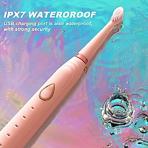 JANECC Electric Toothbrush for Adults, Rechargeable Sonic Toothbrushes, 6 Modes, 45,000VPM Motor and 2 Mins Smart Timer, 1 Face Washing Head, Facial Massage 5 Brush Heads(Pink), 9.8X3.9X1.18 Inch