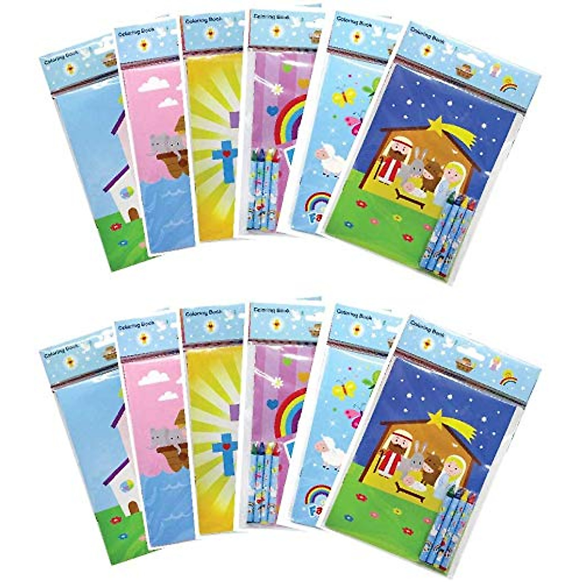 Tiny Mills Christian Religious Coloring Book Set for Kids with 12 Coloring Books and 48 Crayons Favor Bag Filler Sunday School VBS Rewards Basket Fillers Church Carnivals