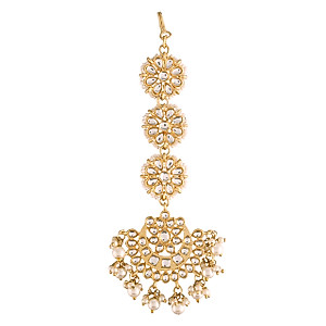 I Jewels 18K Gold Plated Indian Wedding Bollywood Matte Finish Kundan & Faux Pearl Bridal Chandbali Earrings with Maang Tikka Set for Women (TE2860FL)