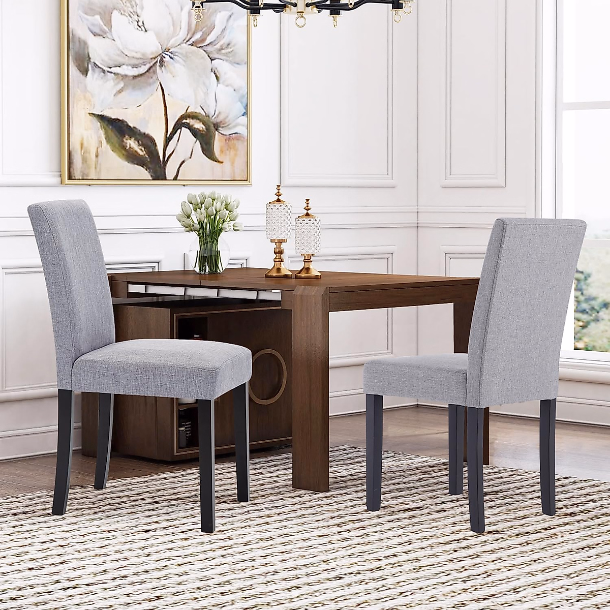 Dining Chairs Set of 6, Luxury Upholstered Fabric Kitchen Chairs Side Chair with Padded Seat Back and Solid Wood Legs for Living Room, Bedroom, Dining Room, Grey