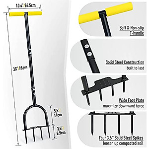 Colwelt Spike Lawn Aerator, Manual Aerator for Compacted Soils and Lawns, Non-Slip T-Handle Spike Aeration with Four 3.5-Inch Solid Steel Spikes, 38-Inch