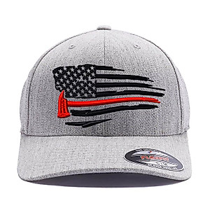 Thin Red Line Fire Department Distressed American Flag hat, Flag with Firefighter Axe Embroidered. 6477 and 6277 Flexfit Hat (L/XL, Heather Grey)