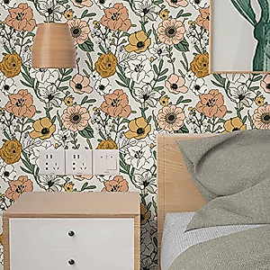 Abyssaly Vintage Floral Peel and Stick Wallpaper Boho 17.7 inx118 in Removable White/Sand/Oliva Vinyl Self Adhesive Wallpaper Flower Wall Paper for Bedroom