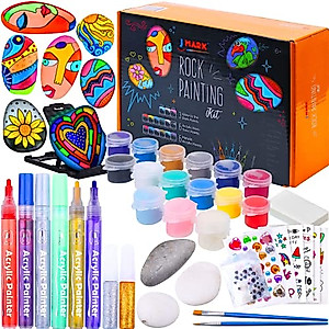 J MARK Premium Rock Painting Kit - 42 Piece Rock Paint Bundle- Rocks, Acrylic Paint Markers, Glow in The Dark, Metallic and Acrylic Paints, Transfer Stickers, Gems, Googly Eyes, Glitter Glues,Palette