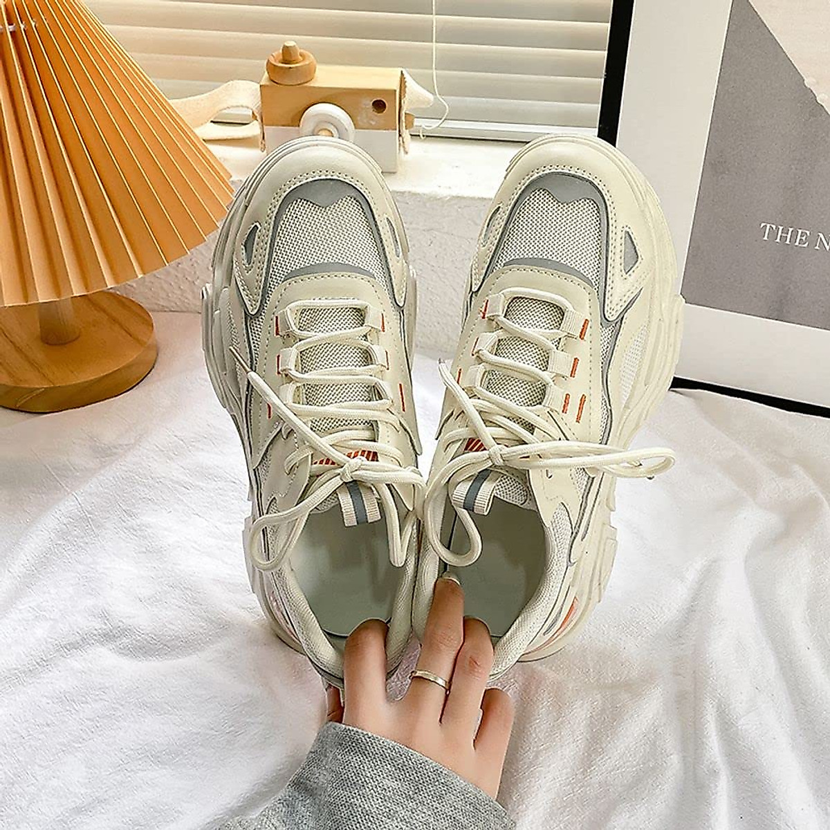 VAXAV Women's Comfortable Mesh Platform Sneakers Casual Jogging Walking Shoes Size 5.5 Beige