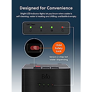 Brio CLBL520SCBLK Self-Cleaning Bottom Load Water Cooler Dispenser for 3 & 5 Gallon Bottles – Hot, Room & Cold Spouts, Child-Safety Lock, LED Display & Night Light, Black Stainless Steel