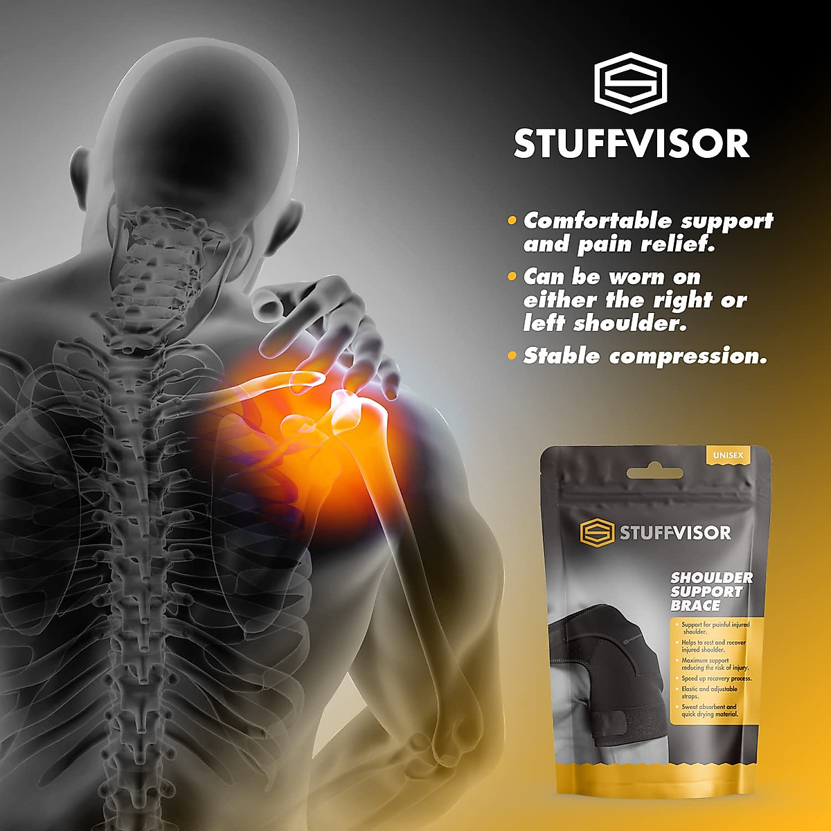 Stuffvisor Shoulder Support Brace with Pressure Strap Pad for Rotator Cuff, Tendonitis, Dislocation, Bursitis and other Shoulder Injuries, with Shoulder Sling, Compression Arm Sleeve Unisex, Onesize