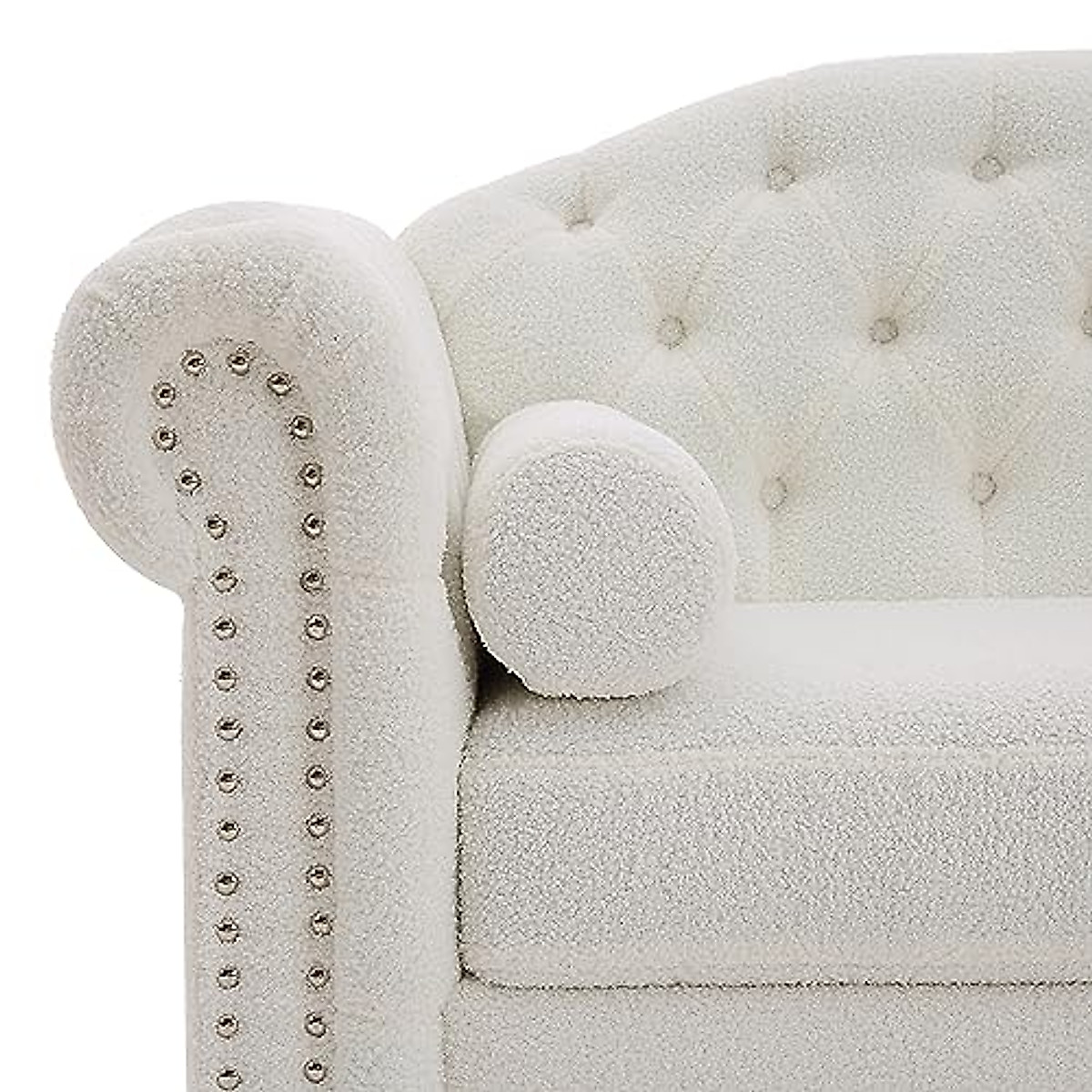 Lunanniu 81" Teddy Fabric Chesterfield Tufted Fabric Sofa 3 Seat Capacity Rolled Arm Nailhead Trim Thick Cushion Deep Seat Button Tufted Back Cozy Stylish for Living Room Apartment White