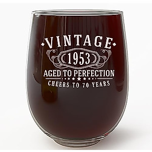 Vintage 1953 Etched 17oz Stemless Wine Glass – Happy 70th Birthday Gifts for Women Men, Cheers to Turning 70 Year Old Decorations Decor, 70th Bday Party Favors Supplies, Best Gift Ideas Her Woman 1.0