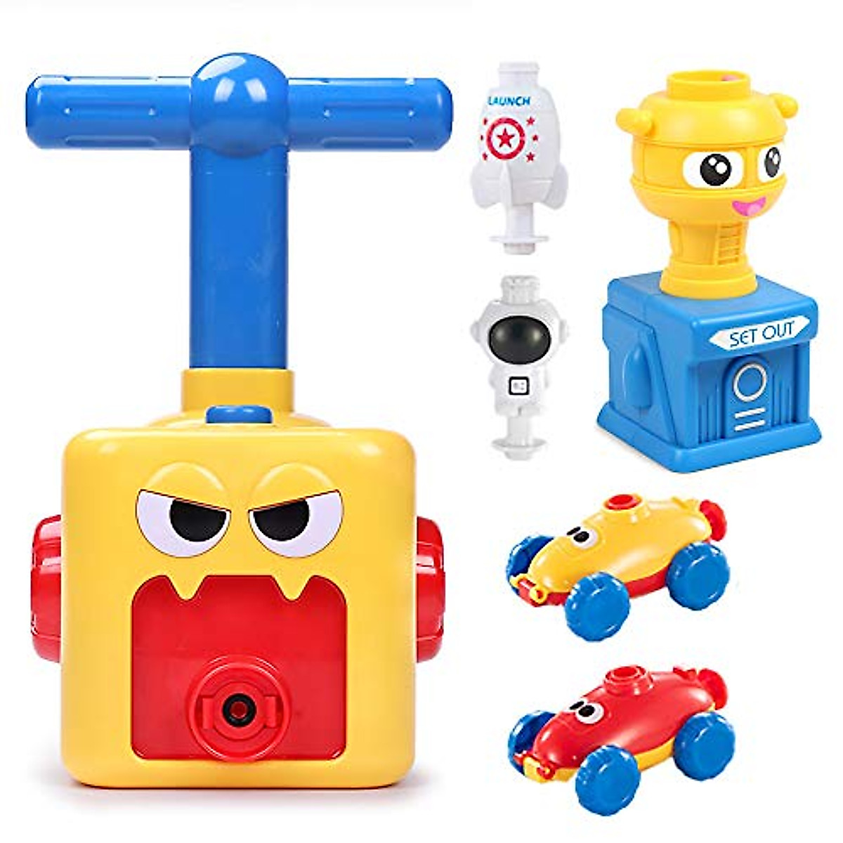 NEXTAKE Balloon Powered Car Inertial Power Vhicle Balloon Power Racer Launcher Rocket Spaceman Educational Scientific Experiment Toy Vehicle Toy for Kids with 12 Balloons (with Yellow Launch Pad)