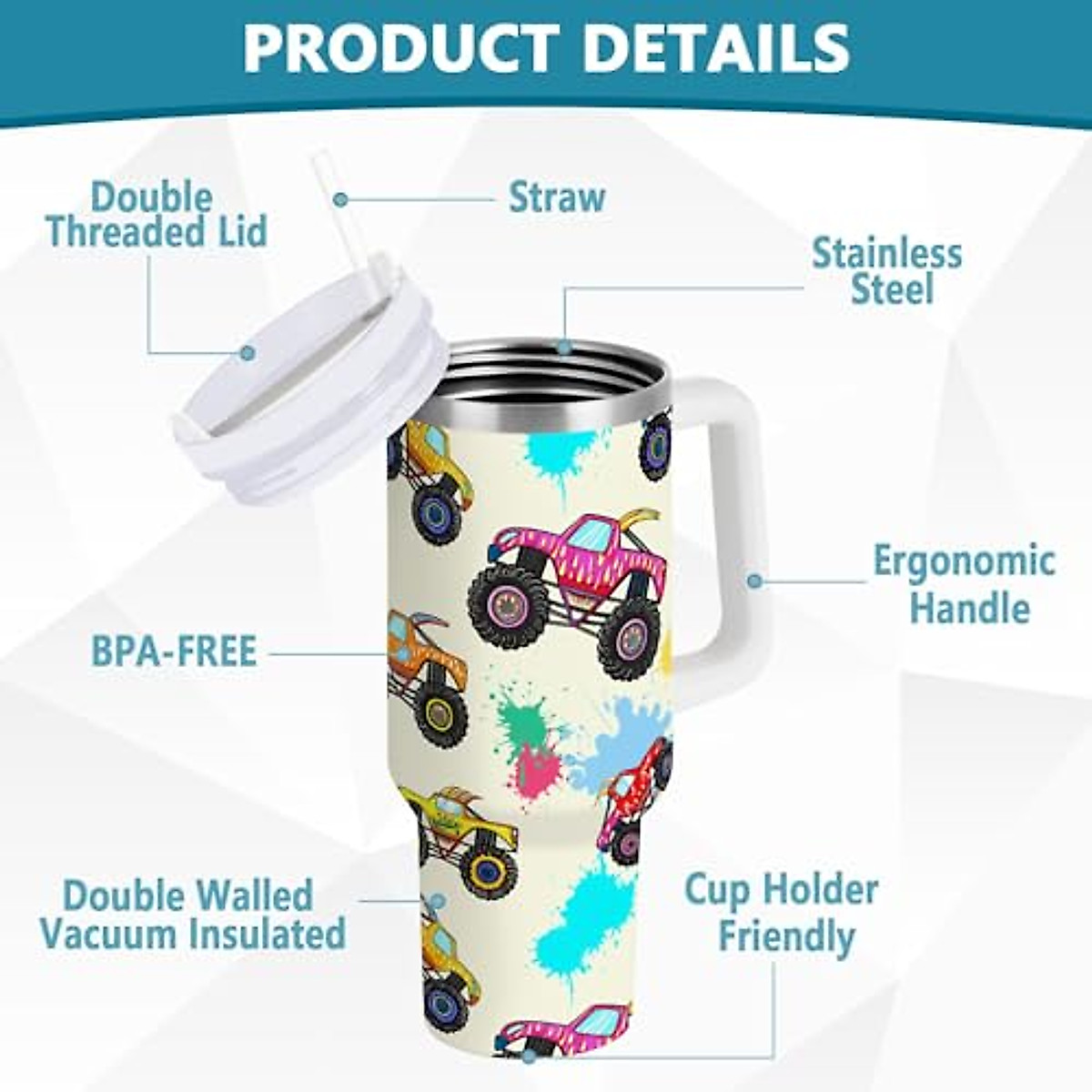 ODAWA 40oz Travel Coffee Tumbler with Straw and Handle, Colorful Monster Trucks Double Wall Insulated Tumbler