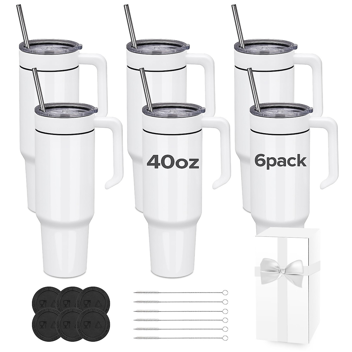 FASTSUB Glitter 40 OZ Sublimation Tumbler with Handle 6 Pack and Glossy 40 OZ Sublimation Tumbler with White Handle 6 Pack