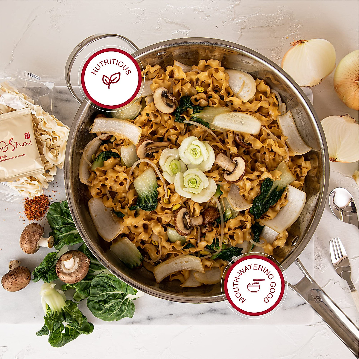 A-Sha Chewy Knife Cut Squiggly Noodles With Sesame Scallion Sauce - Healthy Ramen Noodles, 1 Bag(4 Servings)