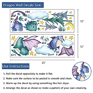 Yovkky Baby Dragon Wall Decals Stickers, Moon Stars Clouds Forest Nursery Playroom Decor, Kids Room Home Decorations Boys Bedroom Art