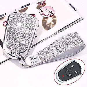 Royalfox(TM) 4 5 6 Buttons 3D Bling keyless Entry Remote Smart Key Fob case Cover for 2016-2019 Cadillac CT6, 2017-2019 XT5, 2014-2019 CTS, 2015-2019 XTS SRX ATS Accessories,with Keychain (Silver)