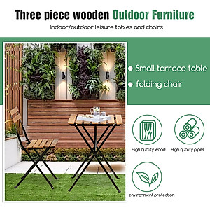 3 Pieces Bistro Set Outdoor Furniture Sets 2 Folding Chairs and Table Steel Frames and Weather-Resistant Wood Portable Design for Bistro & Balcony (Natural)