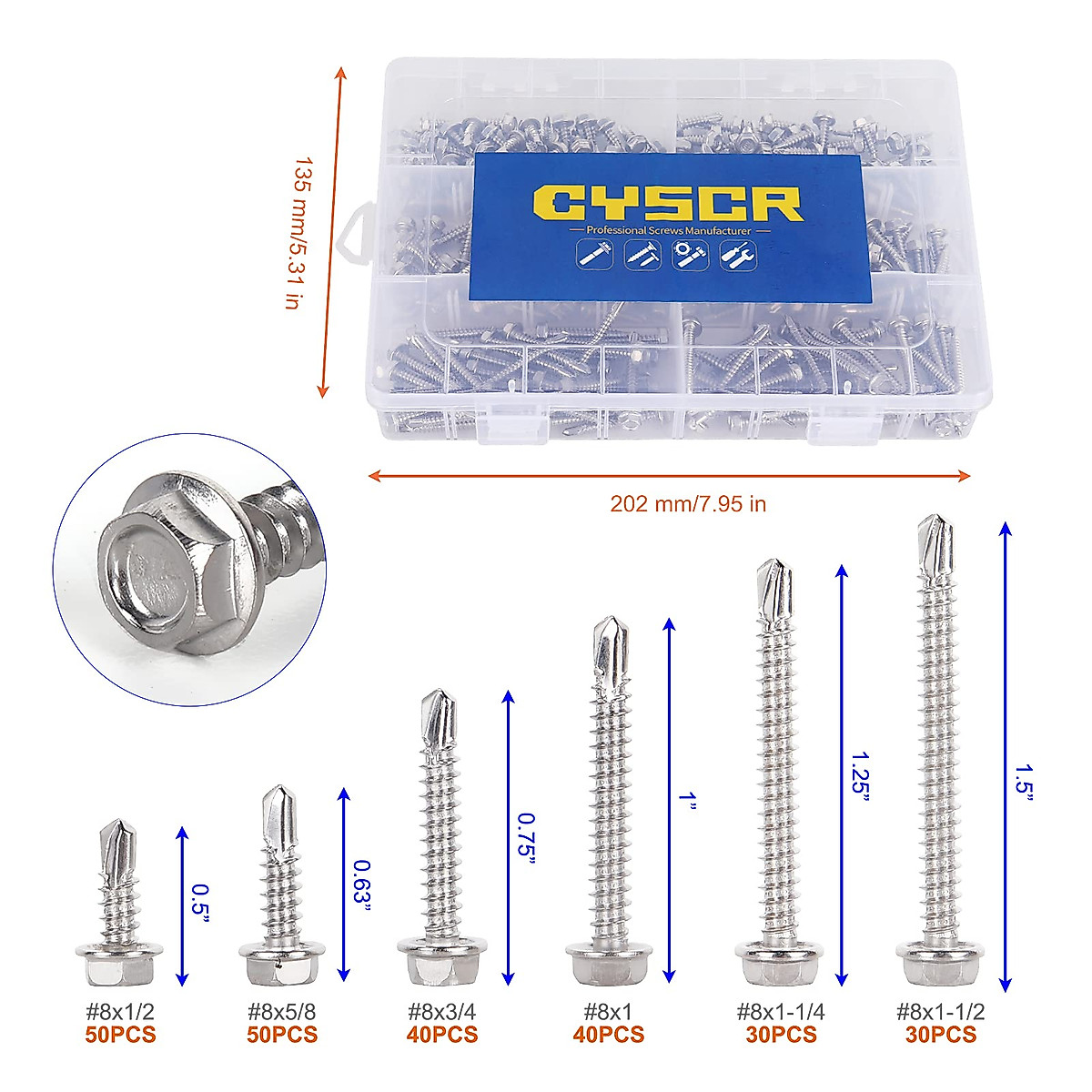 CYSCR #8 Self Tapping Screw Assortment for Metal, M3 Machine Screws 410 Stainless Steel Self Drilling Screws Assortment Kit for Attaches Sheet, 240 PCS