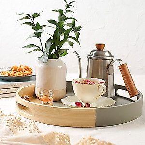 Kiwi Homie 13.78" Dia Spun Bamboo Serving Tray, Round Tray with Handles, Round Ottoman Tray, Semi Grey for Coffee Table, Serving Food on Home Dining Table, Restaurant (Grey)