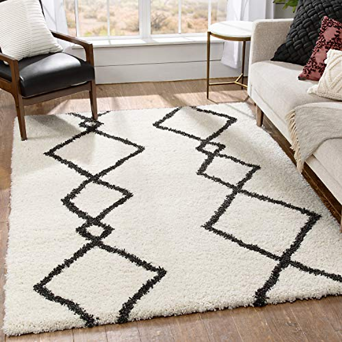 Well Woven Engren Ivory | Thick Nordic Shag | Tribal Diamond Area Rug 5x7 (5'3" x 7'3")