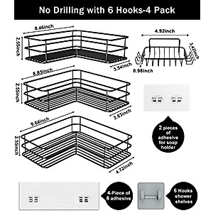 Purdaz Corner Shower Caddy Shelf Organizer with Soap Dish, Rustproof Bathroom Basket with 8 Hooks, Adhesive No Drilling, Black