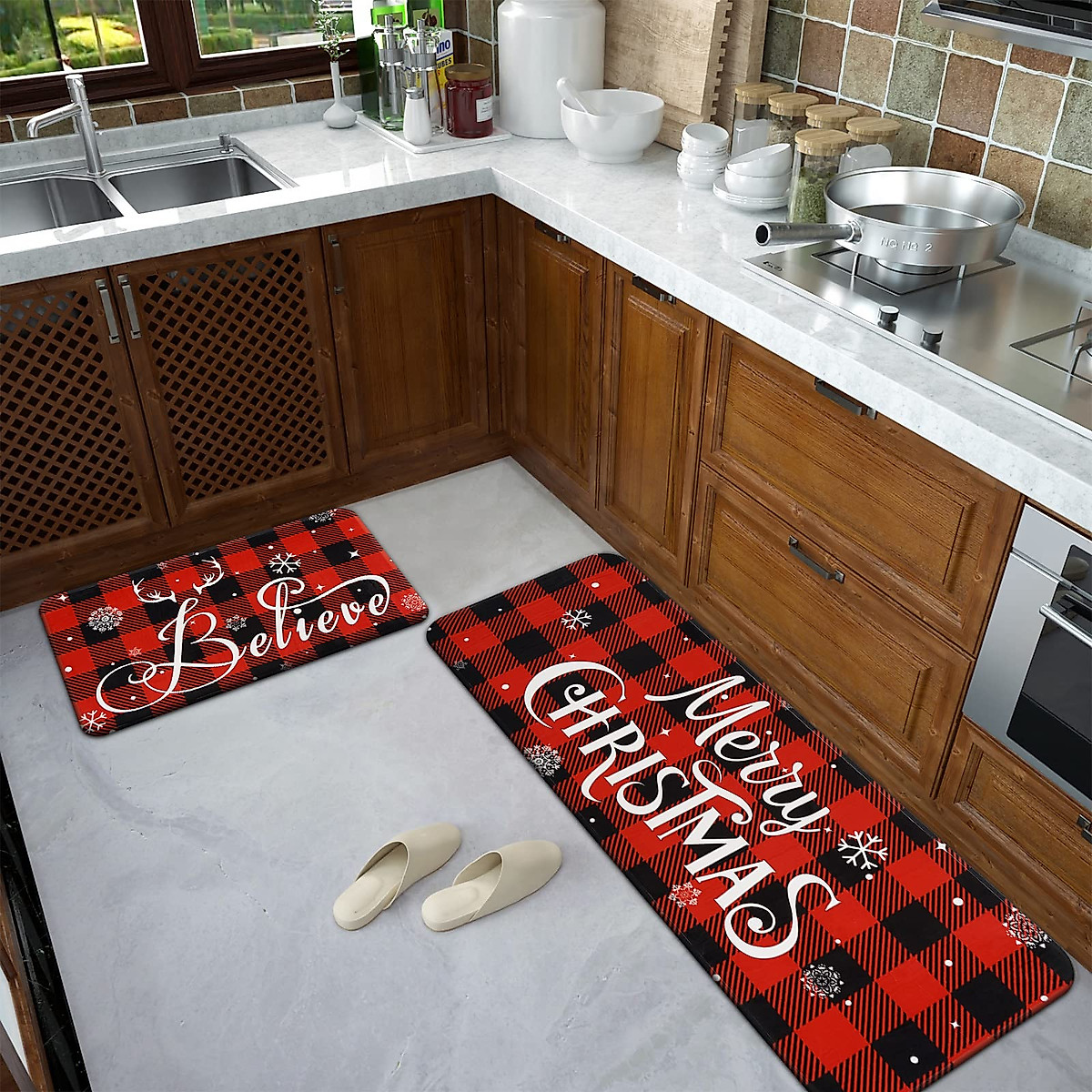 ASPMIZ 2 Pcs Christmas Buffalo Plaid Kitchen Rugs and Mats Set, Absorbent Winter Snowflake Kitchen Mat Cushioned Anti Fatigue, Xmas Decorative Area Rug Set of 2 Washable, 17'' x 47'' + 17'' x 30''
