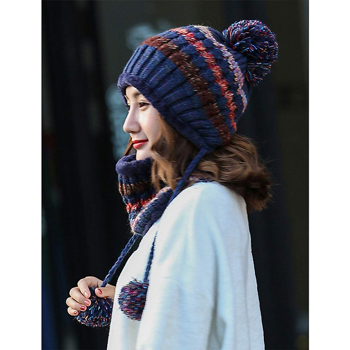 HUAMULAN Women Winter Beanie Hat Circle Scarf Set Pompoms Peruvian Ski Snow Ear Flaps Sherpa Knit Hats Fleece Lined Slouchy