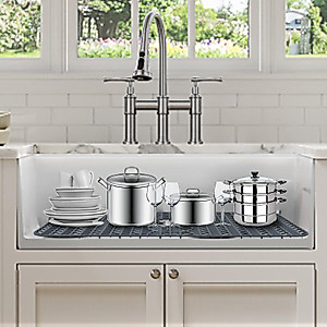 GUUKIN Sink Protectors for Kitchen Sink - 29"x 15.35" Silicone Kitchen Sink Mat Grid for Bottom of Farmhouse Stainless Steel Porcelain Sink with 3 Reserved Holes（Grey）