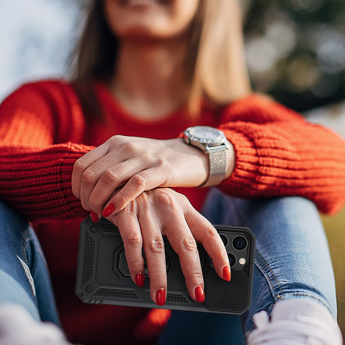 Goton Armor Case for iPhone 13 Pro Max & iPhone 12 Pro Max Case with Sliding Camera Cover & Stand, Heavy Duty Shockproof Protective Rugged Phone Case with 360-degree Rotatable Ring Kickstand - Black