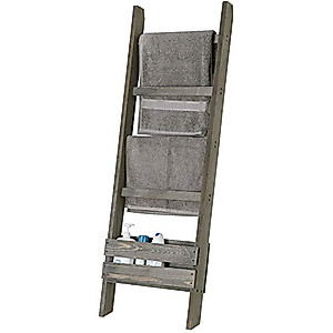 MyGift Vintage Gray Solid Wood Blanket Ladder with 4 Rung and Magazine Holder, Wall Leaning Bathroom Towel Rack with Storage Shelf