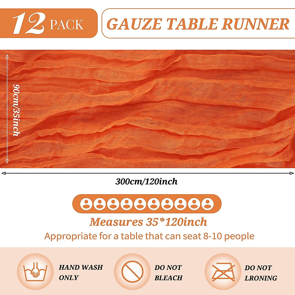 12 Pack Cheesecloth Table Runner 35 x 120 inch Long Boho Cheese Cloth Gauze Table Runners Semi Sheer Table Runner for Wedding Decor, Bridal Shower, Birthday Party (Orange)
