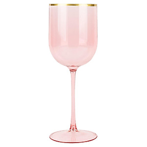 EcoQuality Translucent Plastic Pink Wine Glasses with Gold Rim - 12 oz Wine Cups with Stem, Disposable Shatterproof Wine Goblets, Reusable, Elegant Drink Cup Tumblers Weddings, Party (2 PACK)