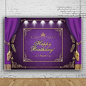 5x3FT Purple Happy Birthday Backdrop Purple and Gold Curtain Crown Floral Texture Decoration for Women Photography Background Party Decorations Banner Supplies Photo Booth Studio