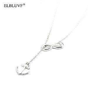 ELBLUVF Newest Stainless steel Anchor Infinity Y Shaped Lariat Style Necklace 18inch For Women (White gold color)