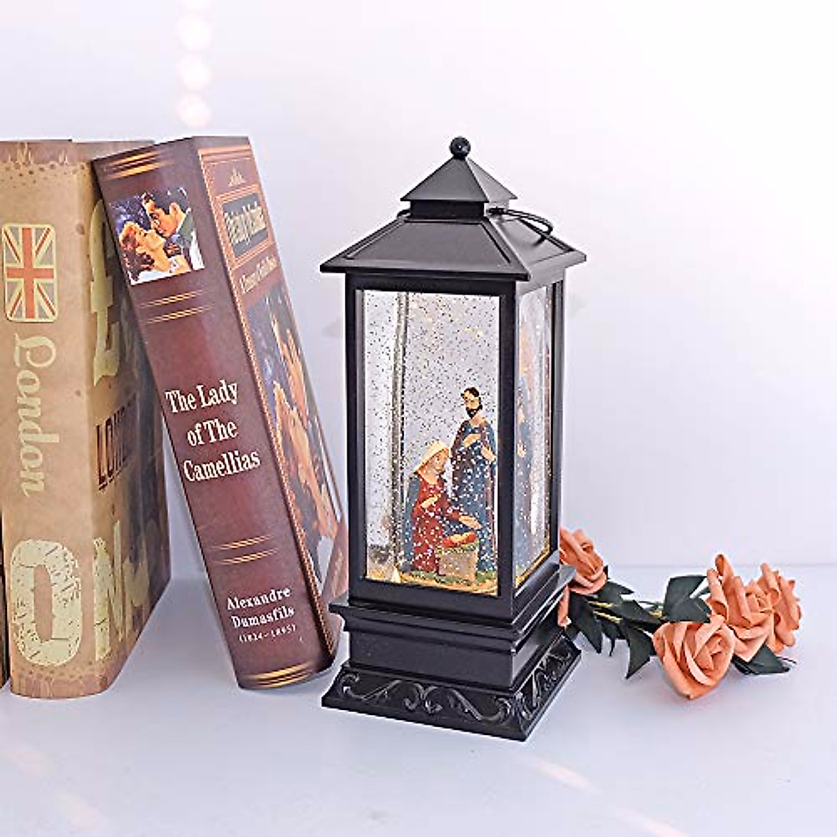 DRomance Lighted Water Lantern Glittering with Music USB & Battery Powered Singing Snow Globe for Kids, Nativity Water Snow Glitter Globe Lantern for Christmas Decoration,12 Inch Tall