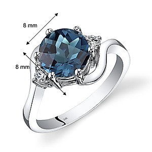 PEORA London Blue Topaz and Diamond 3-Stone Ring for Women 14K White Gold, Genuine Gemstone Birthstone, 2.25 Carats Round Shape 8mm, Size 7