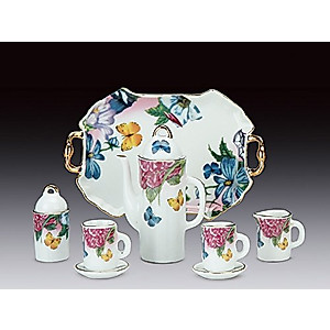Miniature Collectible BUTTERFLIES & FLOWERS Porcelain Tea Set: Teapot, Sugar Bowl, Creamer, 2 Teacups, Serving Platter