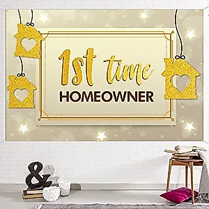 1st Time Homeowner Backdrop Banner Decor Gold Glitter – Housewarming Party Theme Decorations for Men Women Baby Shower Supplies